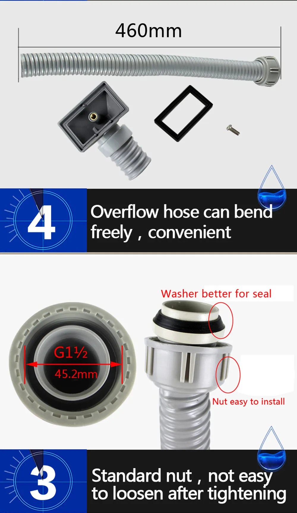 Talea Wash basin overflow pipe Rectangular joint spill hose Sink Drainage Square Overflow ...