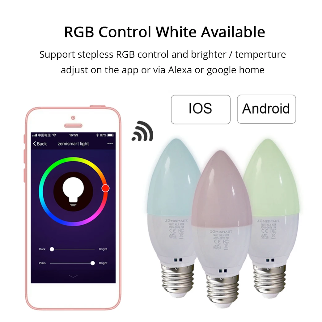 Dimmable E27 WiFi RGB Led Bulb Candle Light Voice Control by Alexa Echo Google Home 2.4G WiFi ...