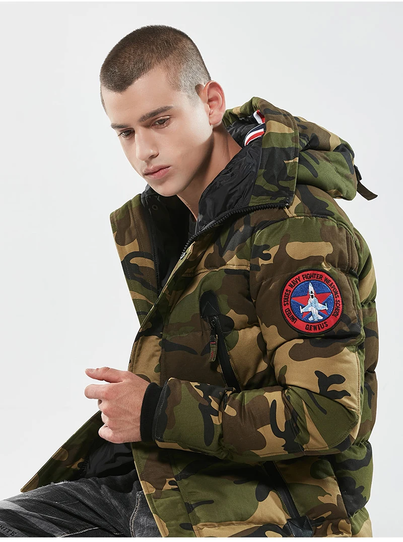 2019 Winter Mens Camo Jackets Extended Warm Parka Male Cotton Lined