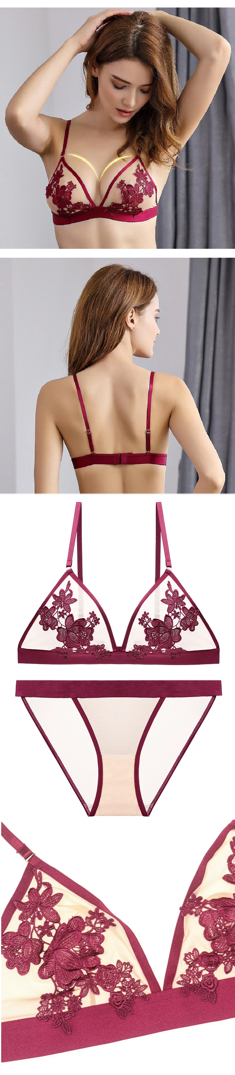 New Embroidery Floral Lace Bralette Set Ultra Thin Transparent Underwear Sexy Lingerie Set Women ...