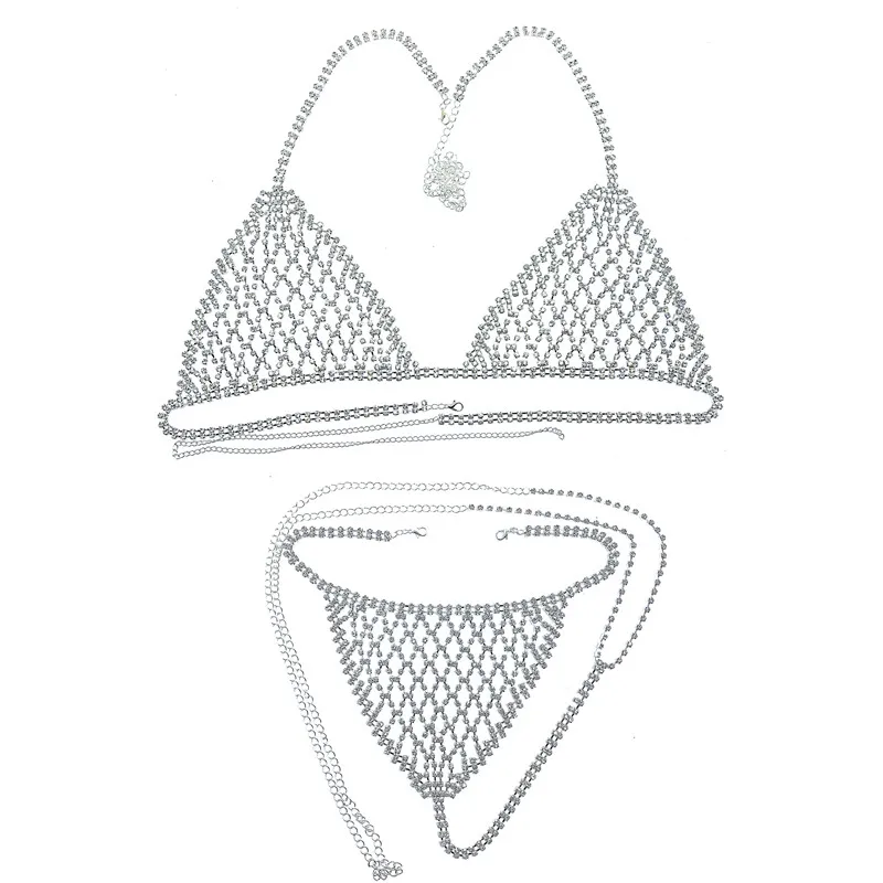 Mesh Sexy Womens Rhinestone Body Chain Bra And Panties Set Bikini Jewe