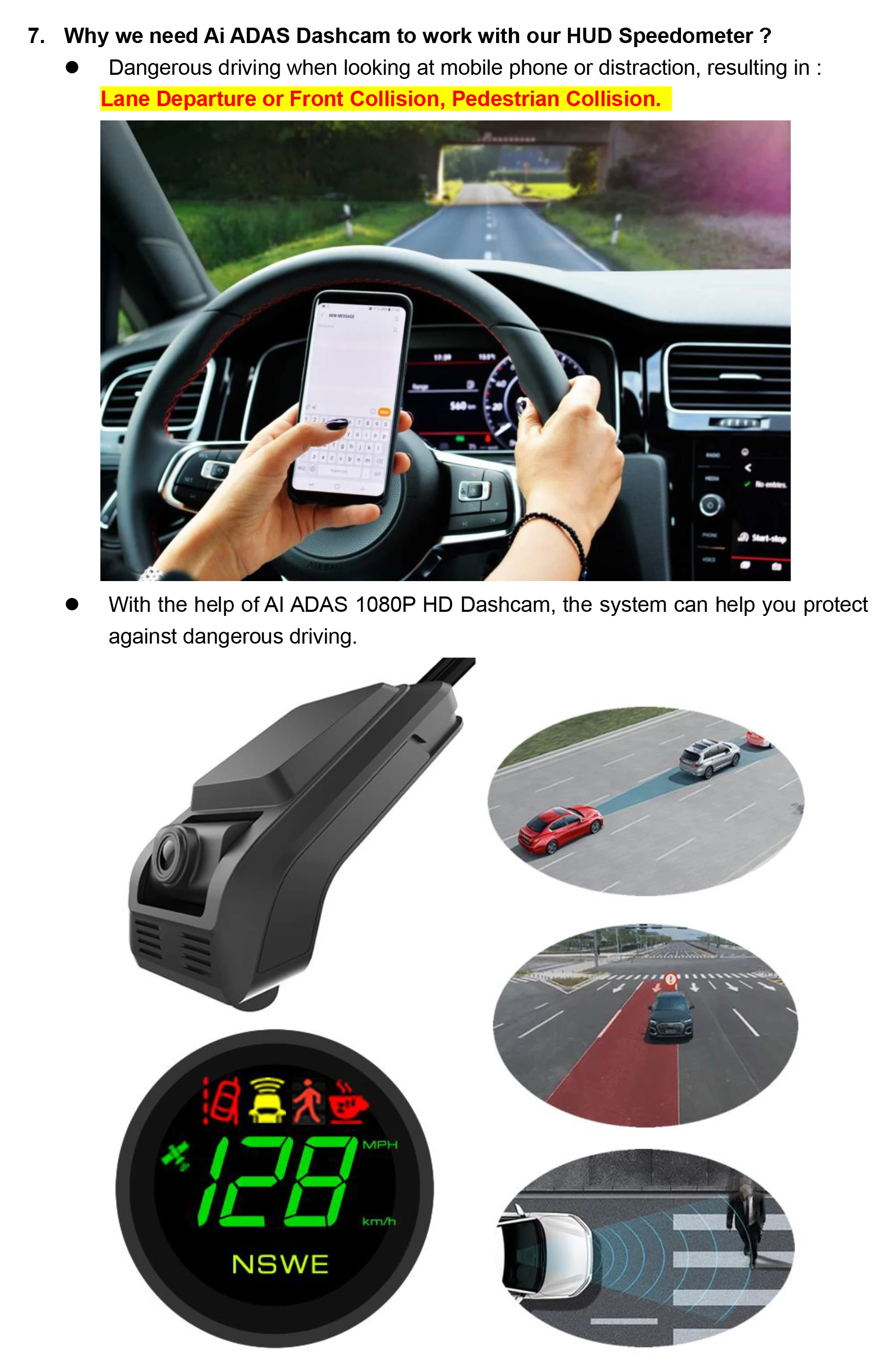 Generic 2.75 Inches HUD AI Collision Avoidance Device Smart Dash Cam with ADAS Front and ...