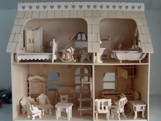 Educational 3D Wooden Miniature Toy House, DIY Wood House With 34pcs ...