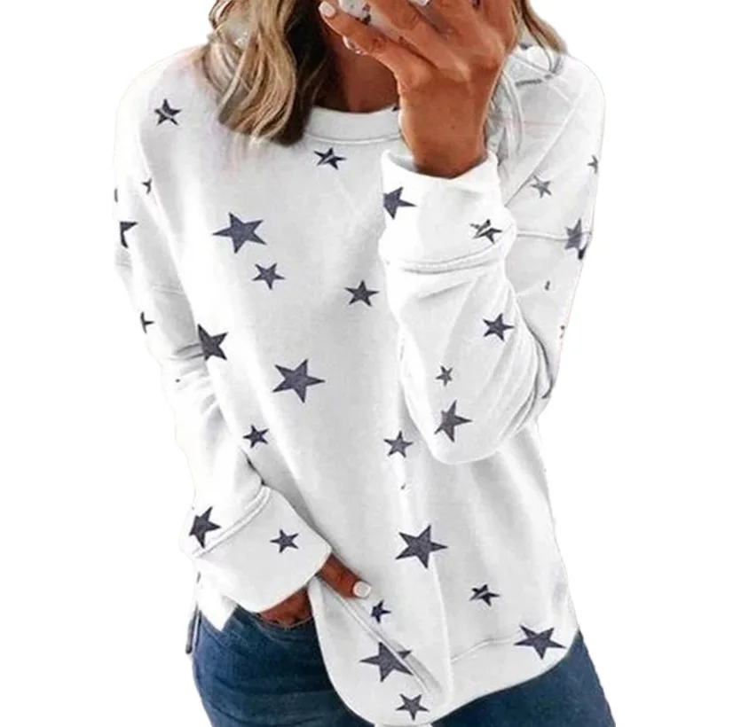 European and American Womens Fashion Star Print T Shirt Long Sleeve O ...