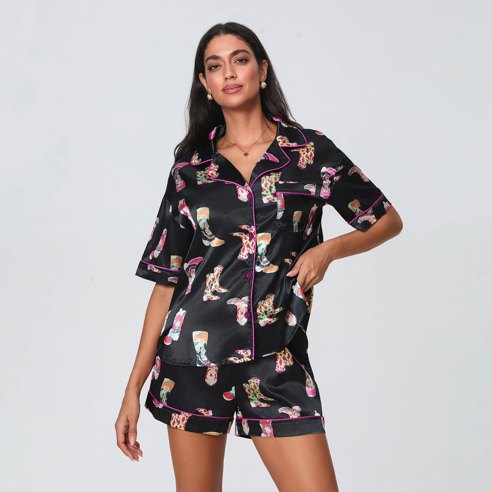 Women-s-Summer-2-Piece-Pajamas-Set-Short-Sleeve-Cartoon-Print-Button-Up ...