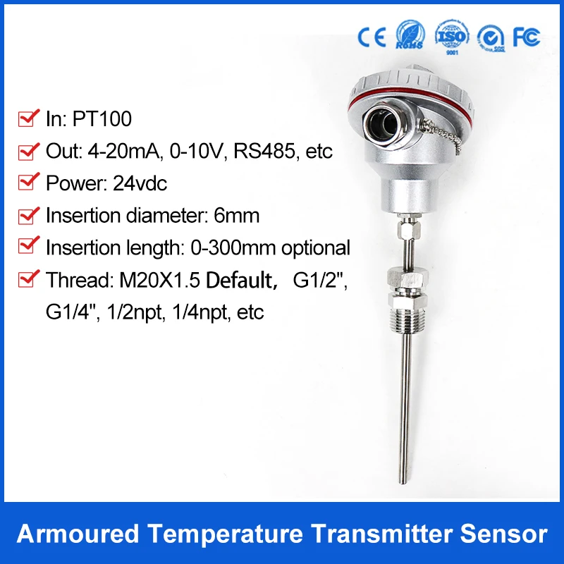 PT100-Temperature-Sensor-With-Fixed-Thread-4-20mA-Waterproof-Armored ...