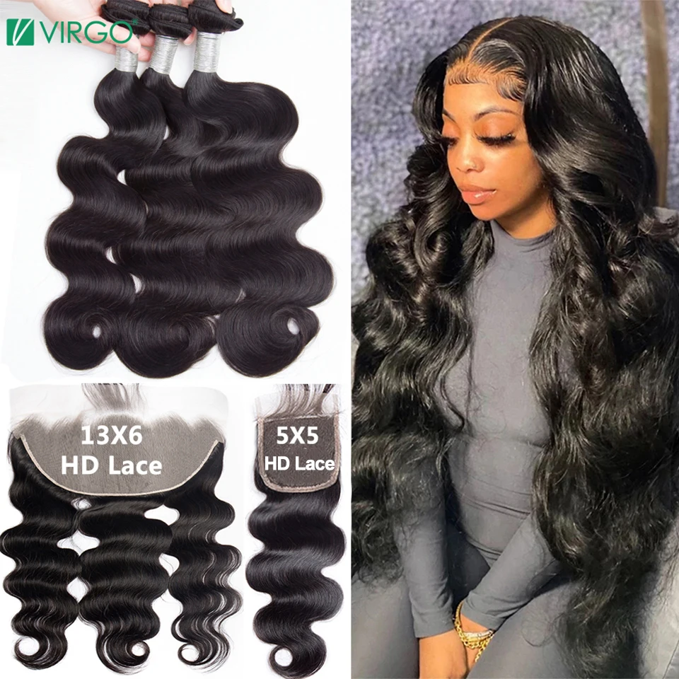 Virgo 30 Inch Body Wave Human Hair Bundles With Closure 13x6 Hd Lace ...