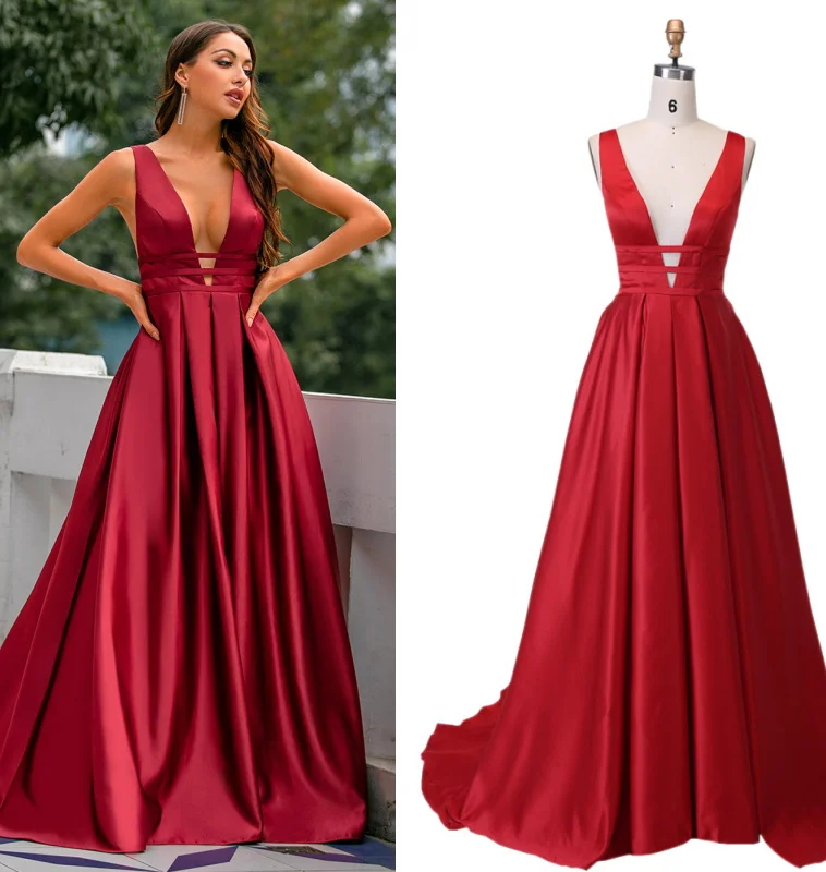Sexy-Deep-V-Neck-Red-Party-Dress-Winter-Evening-Dresses-A-Line-Satin ...