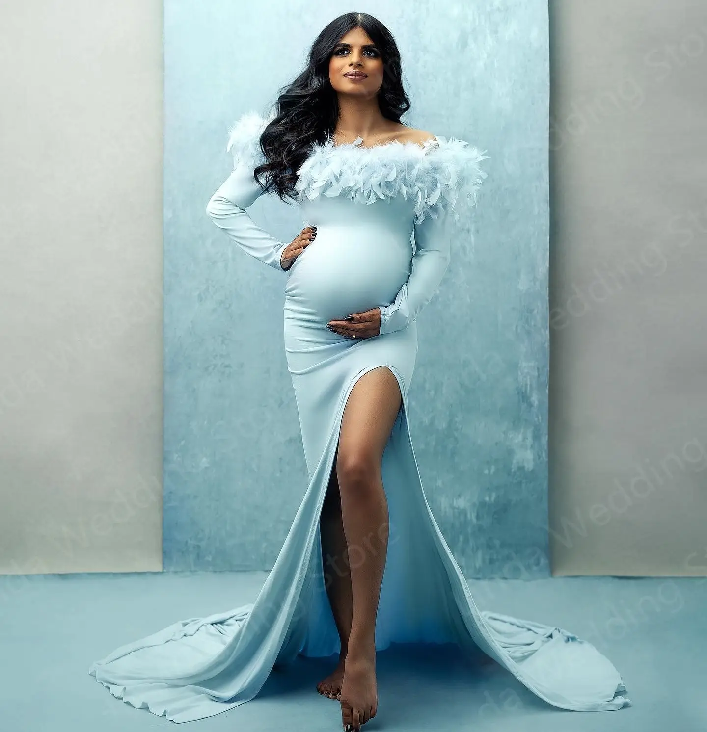 Feather-Mermaid-Maternity-Dress-for-Photography-Long-Sleeve-Split ...
