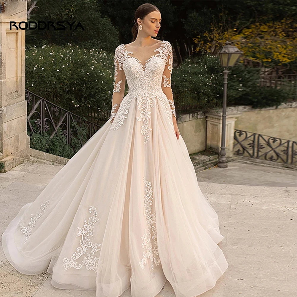 RODDRSYA-Long-Sleeves-Appliques-Illusion-Weeding-Dress-Vintage-Backless ...