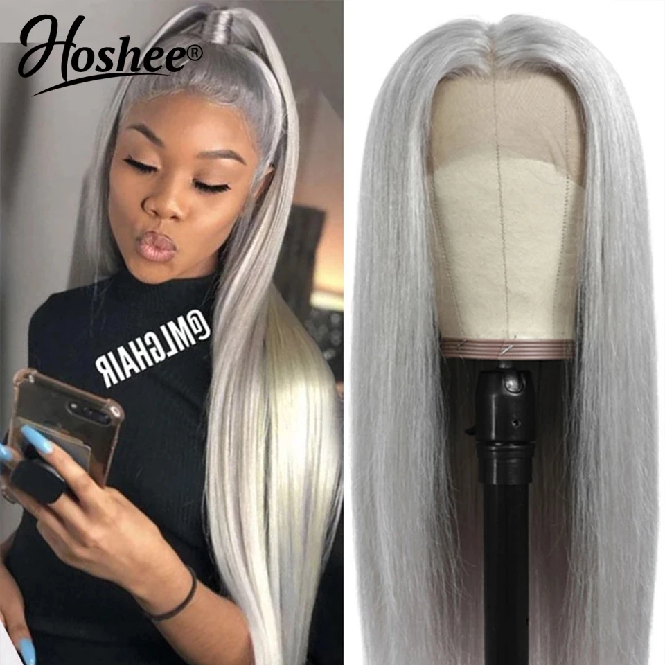 Silver Colored Transparent Lace Frontal Wigs For Women Human Hair Grey Straight Lace Front Wig ...