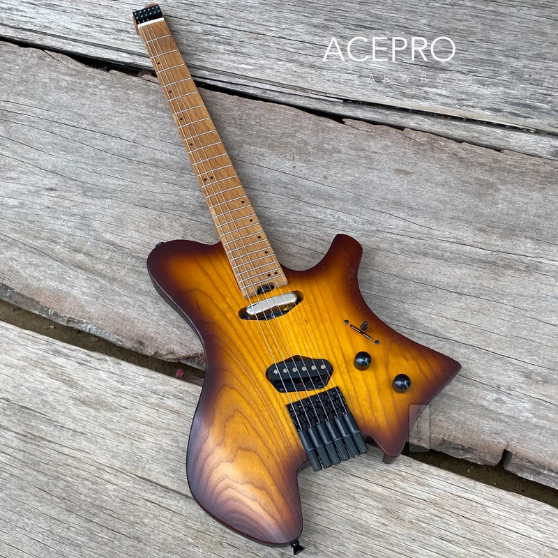 Acepro Headless Electric Guitar, Satin Vintage Sunburst Ash Body Roast ...