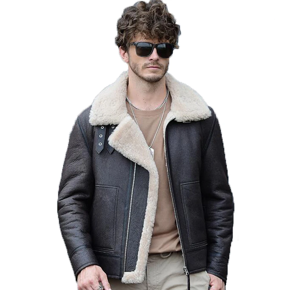 Denny&Dora Mens Brown Shearling Jacket Sheepskin Flight Jacket B3 ...