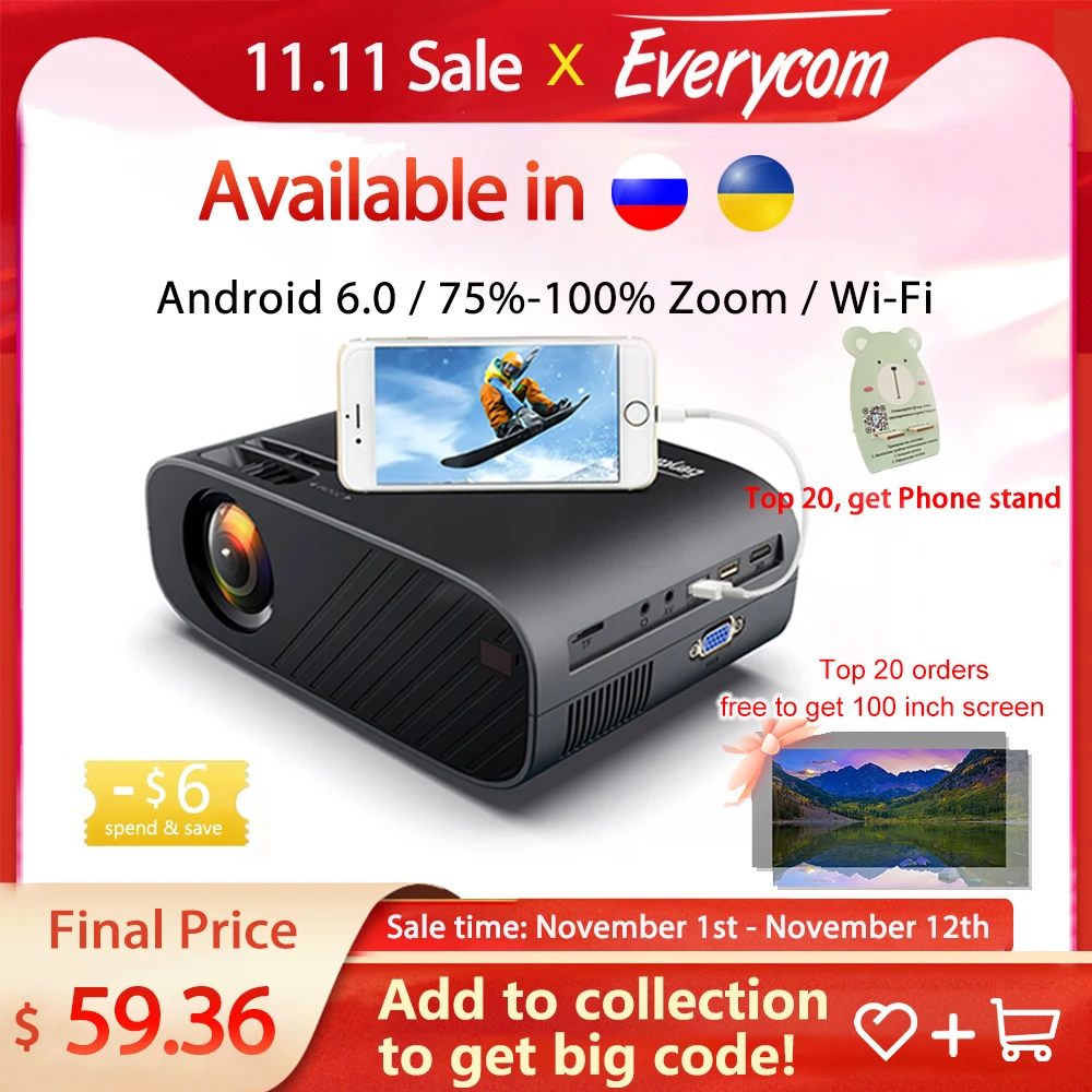 Everycom M7 Led Video Projector 720p Portable Optional Android Wifi Bluetooth Beamer Support ...