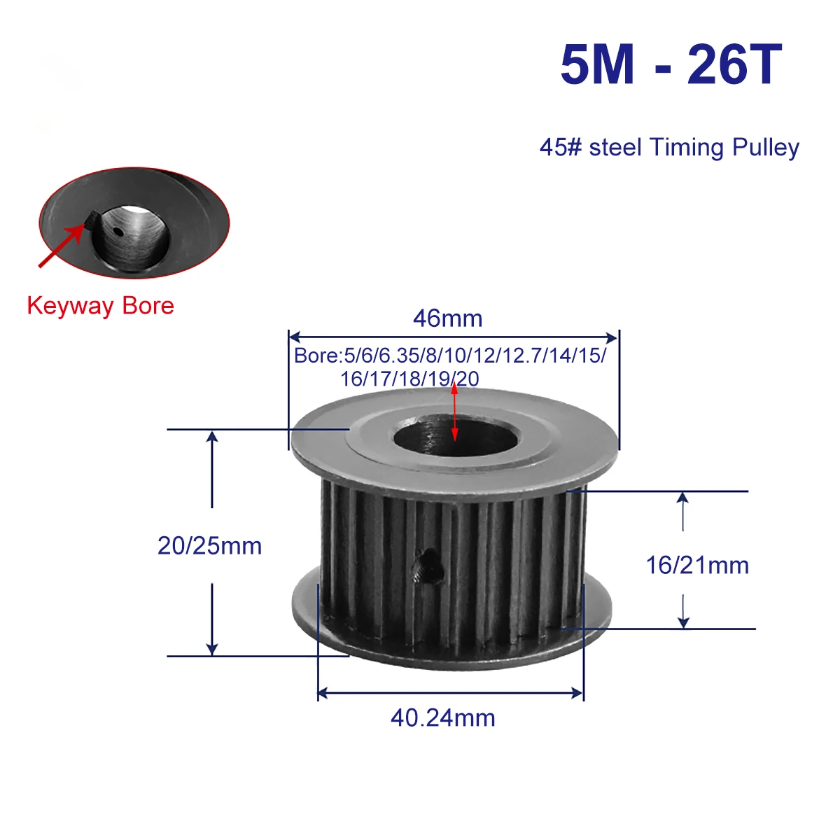 HTD5M 26 Teeth Keyway Synchronous Pulley 45 Steel Slot Width 16/21mm ...