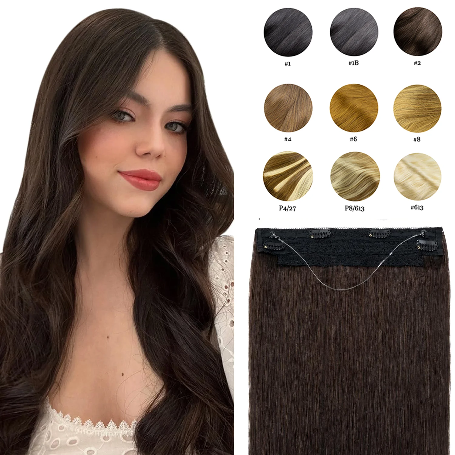 Invisible Dark Brown Fish Line Human Hair Extensions Invisible Wire in ...