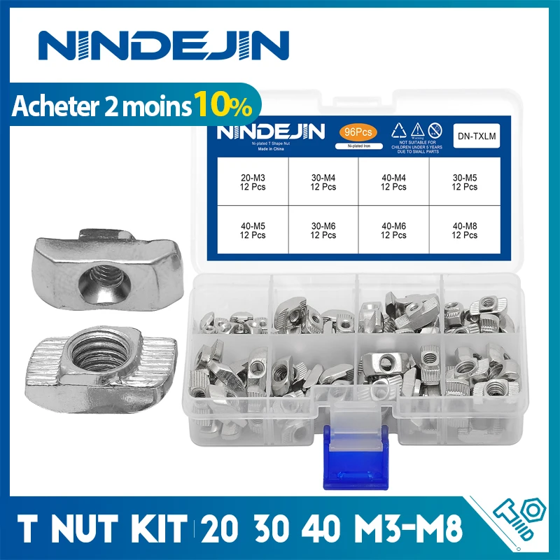 NINDEJIN 96 Pièces Série 20 30 40 Écrous T Kit M3/ M4/ M5/ M6/ M8 T Écrou à Rainure Kit Écrou de ...