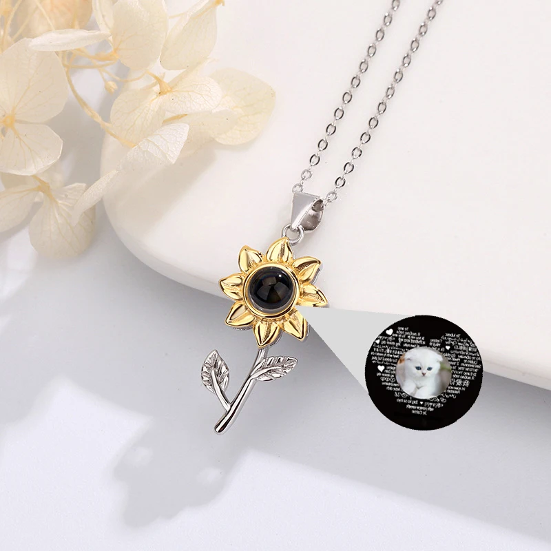925 Silver Personalized Photo Projection Necklace Gold Petal Sunflower ...