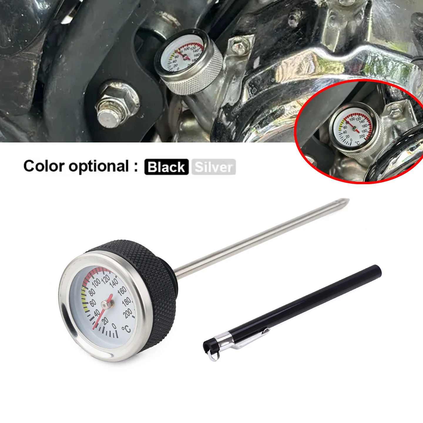 Black/Silver Motorcycle Fuel Tank Caps M20x2.5 Oil Temperature Gauge ...