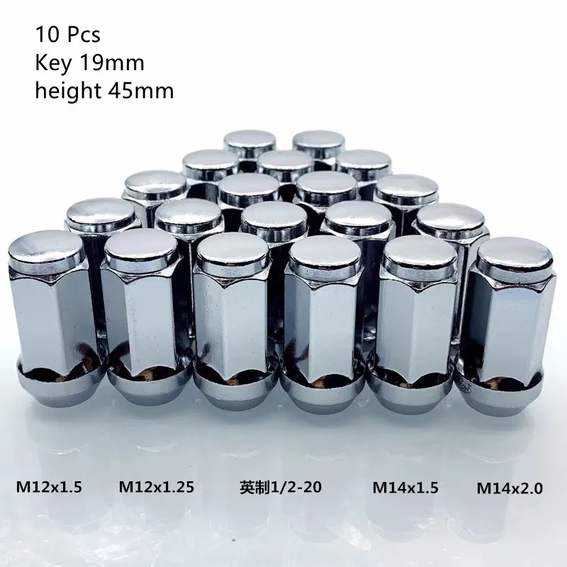 키 19mm 러그 너트, 45mm 높이, m12x1.25, m12x1.5 , m14x1.5 , m14x2,1/2 인치-20, 스레드 콘 시트, 자동차 휠 너트 실버 10 개