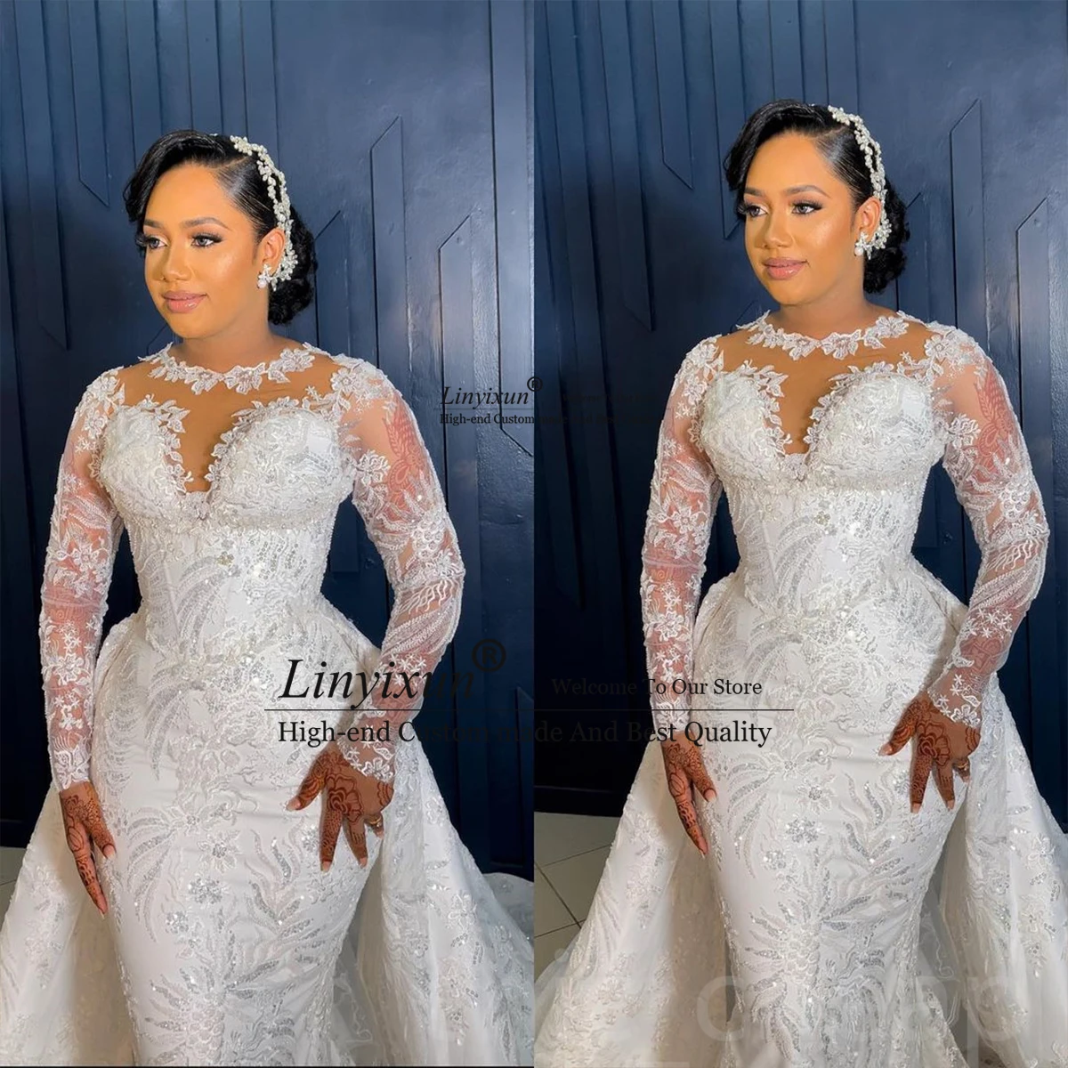 Arabic-Aso-Ebi-Sequined-Mermaid-Wedding-Dress-Exquisite-Sheer-Neck-Lace ...