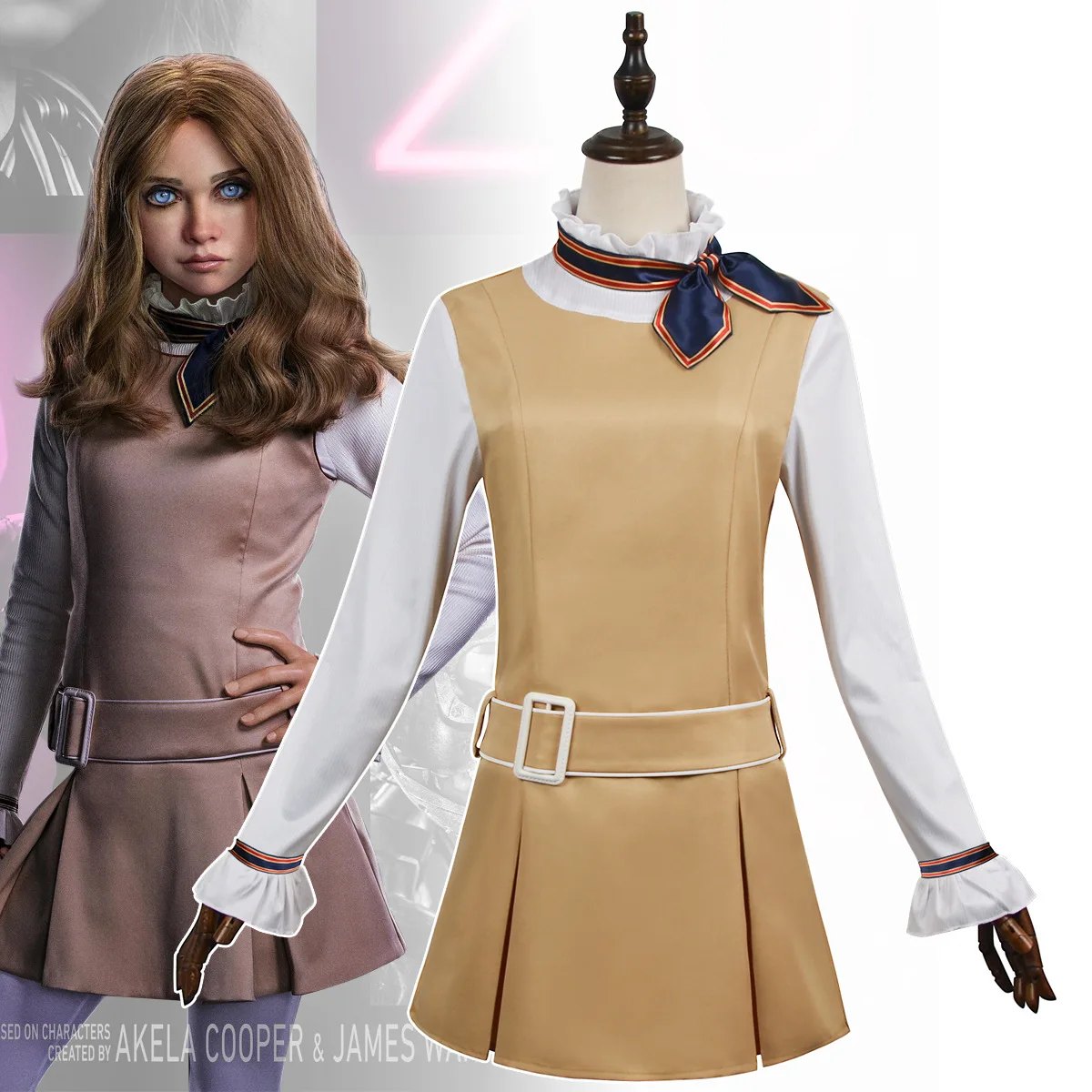 M3GAN Cosplay Costume Women Retro Doll Style Outfit Brown Dress Blue ...