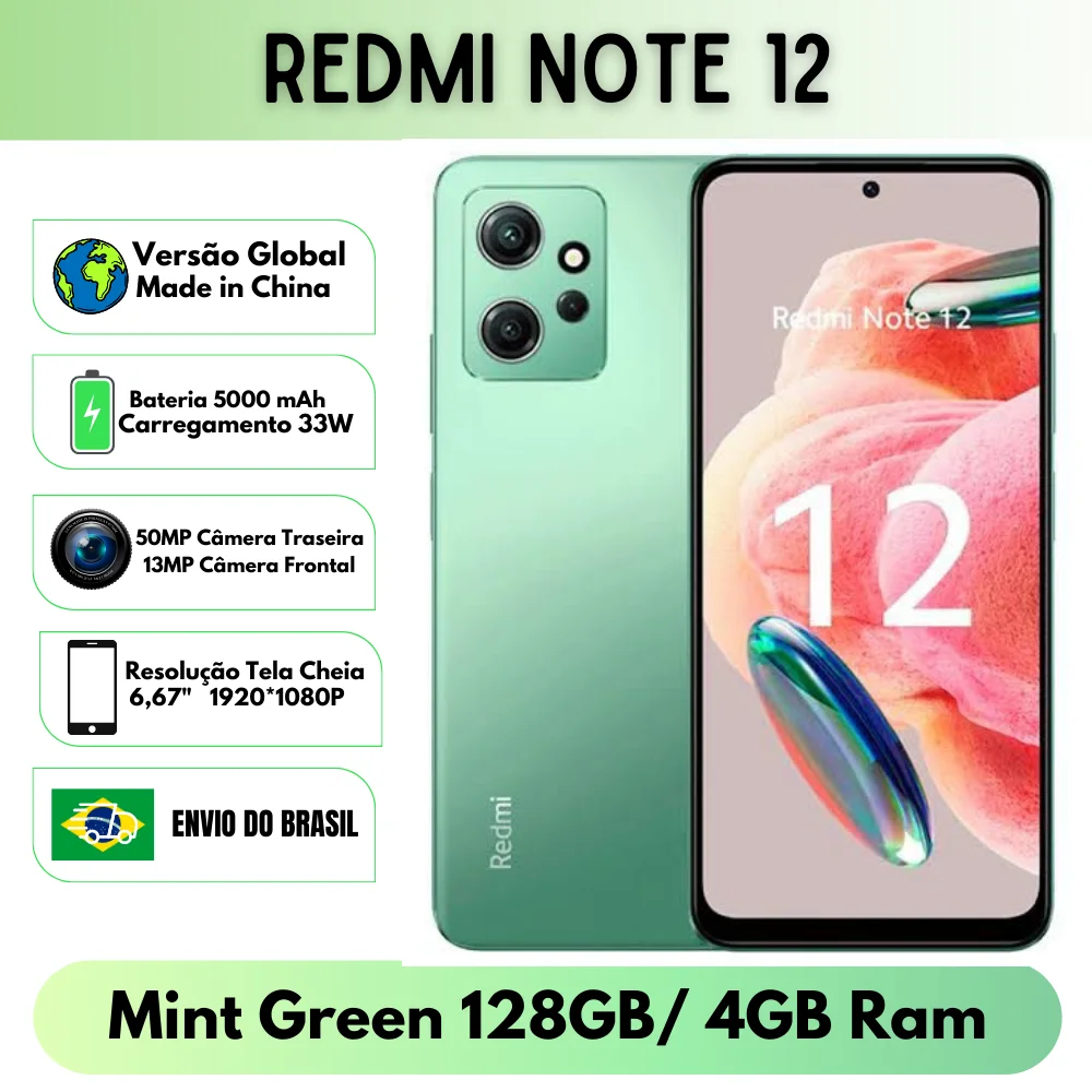 Xiaomi Redmi Note 12 128GB ROM Mint Green 4GB RAM Versão Global