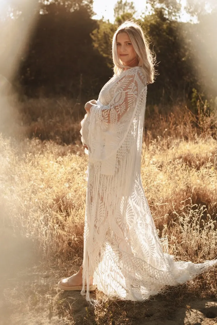 White-Lace-Photoshoot-Maternity-Gown-Long-Fringe-Maxi-Dress-for-Photo ...