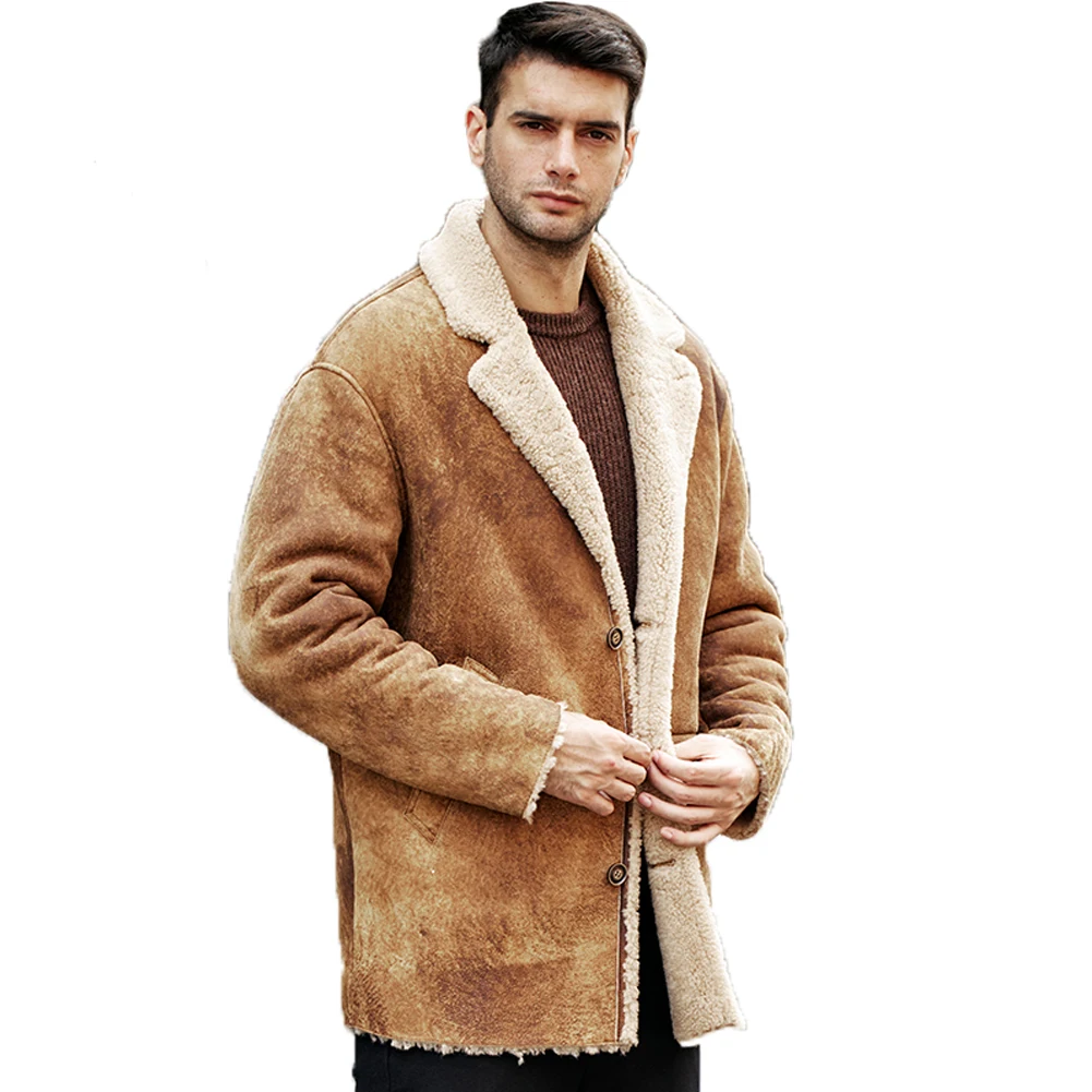 Denny&Dora Mens Shearling Jacket Mid-Length Sheepskin Coat Suit Collar ...