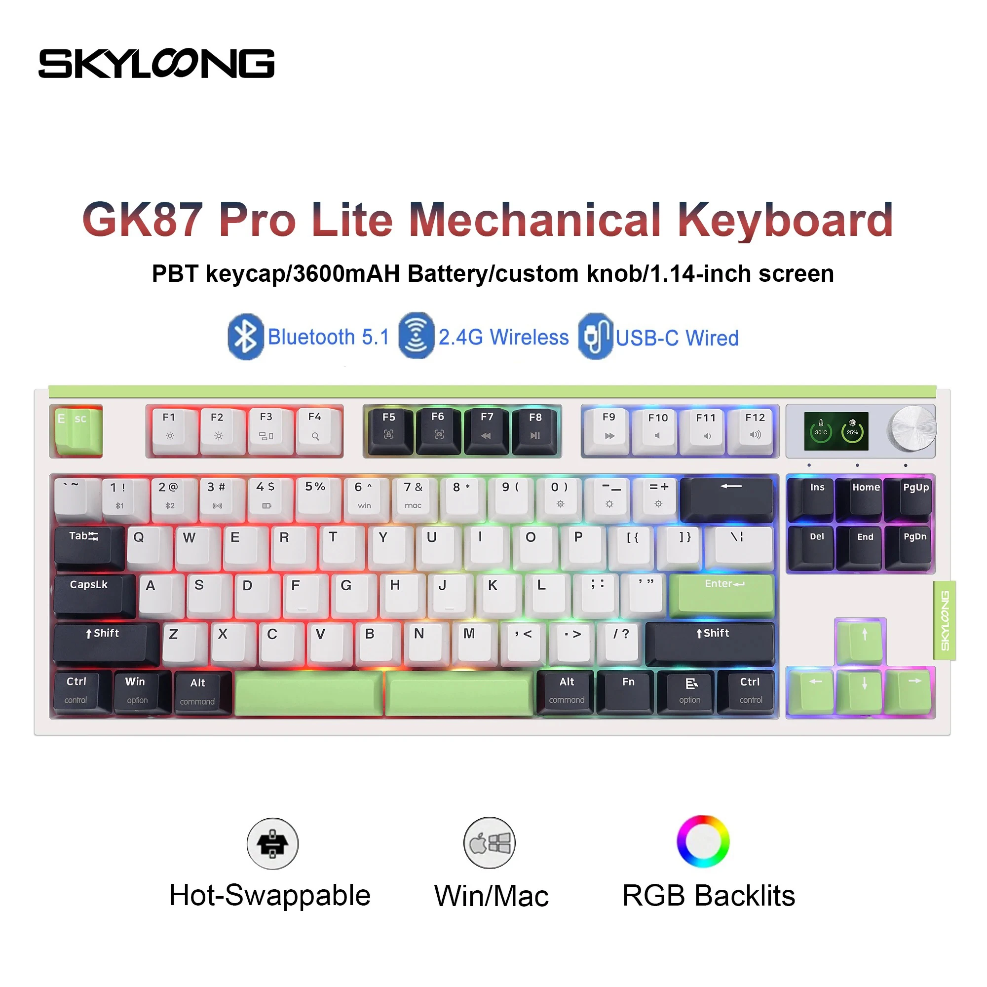 SKYLOONG GK87Pro Lite Bluetooth Mechanical TKL Keyboard PBT Double-Shot ...