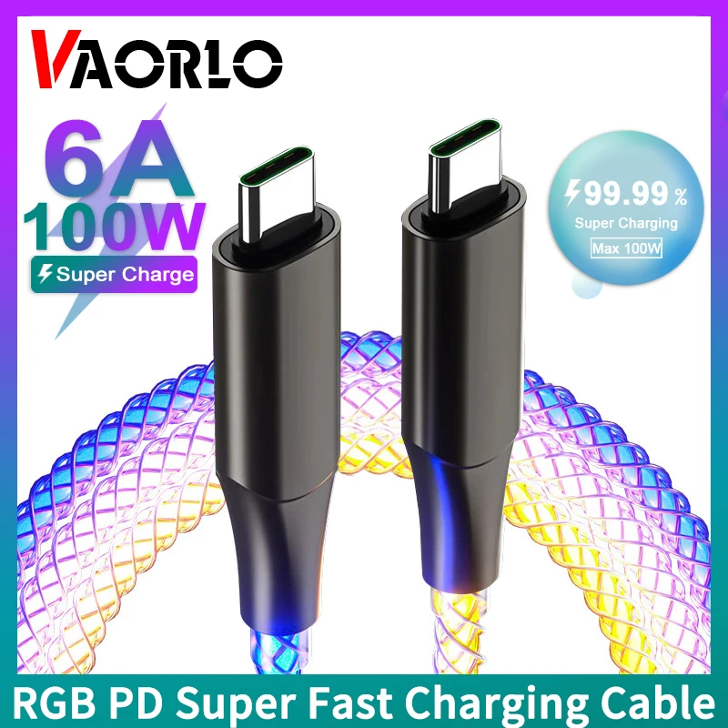RGB 100W PD USB C To Type C Super Fast Charging Cable 66W 30W Flow Cool ...