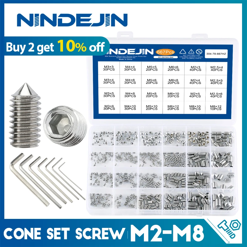382/667pcs Hex Hexagon Socket Cone Point Set Screw Assortment Kit M2 M2 ...