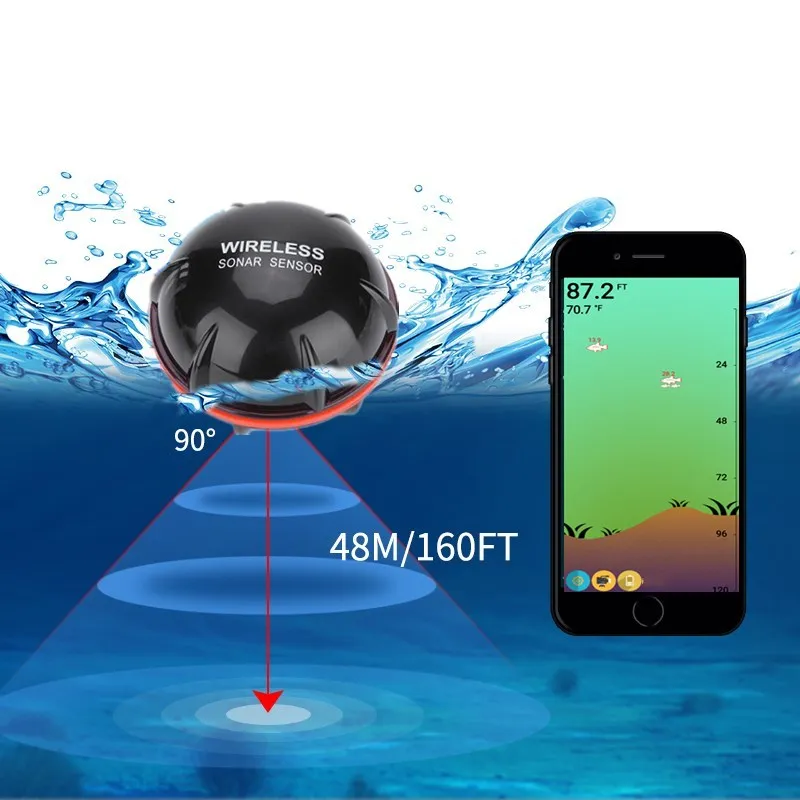 XA02 Wireless Bluetooth Smart Sonar Fish Finder 48m/160ft Fish Finder ...