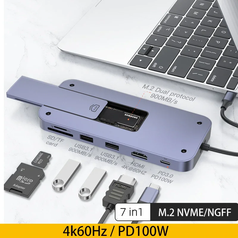 M.2 SSD Enclosure 7 in 1 USB C HUB Type C 3.1 to M.2 NVME NGFF HDMI ...