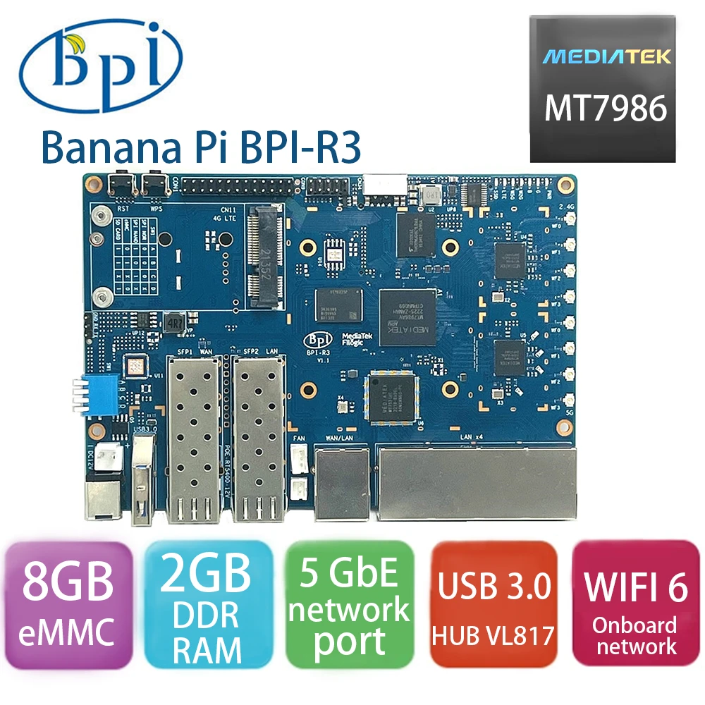 Banana Pi Bpi-r3 Router Development Board Use Mediatek Mt7986 Quad Core Arm A53 + Mt7531a Chip ...