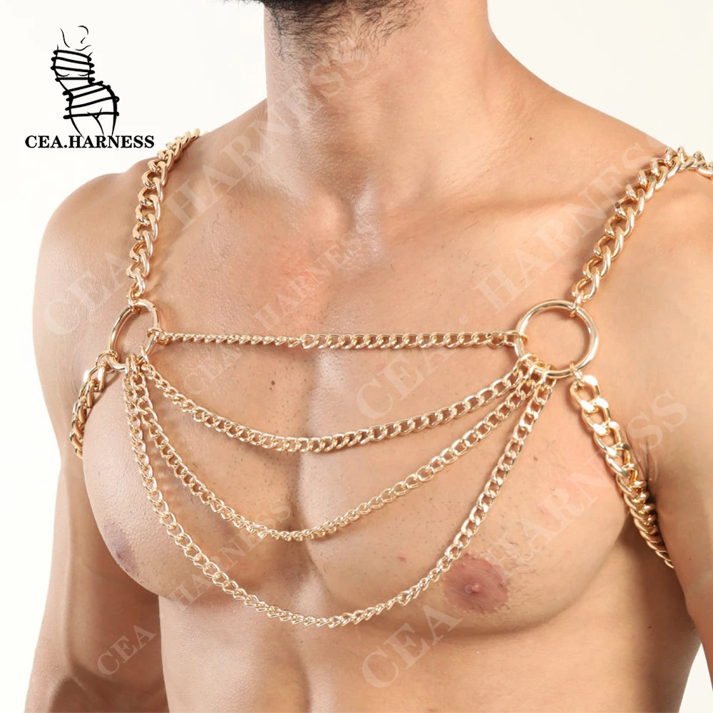 Body Chain Harness Men Sexy Gold Jewelry Necklace Festival Party Cosplay Trendy Shiny Tassel ...