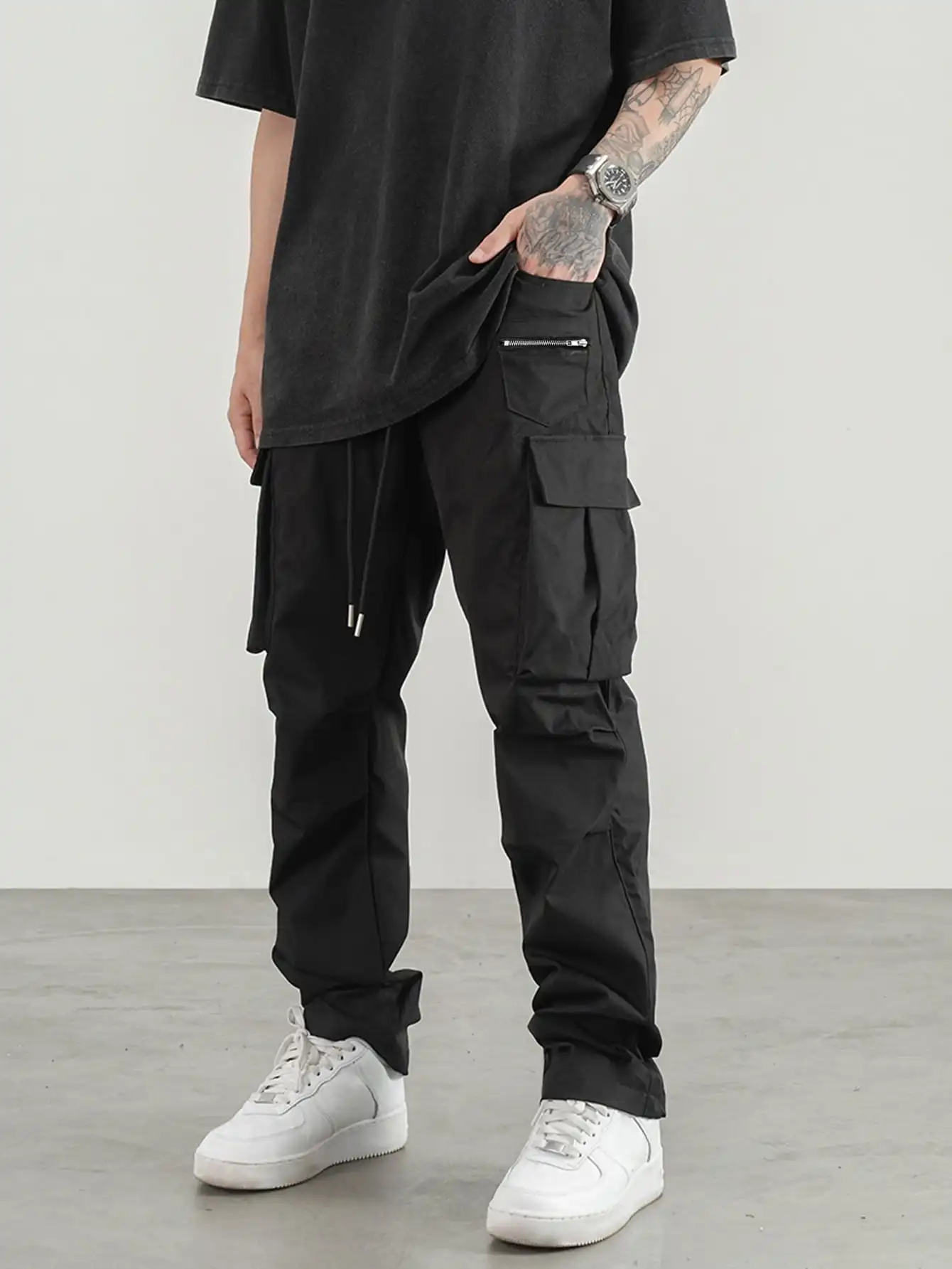 Men-s-Solid-Multi-Pocket-Drawstring-Cargo-Pants-Men-s-Casual-Cargo ...