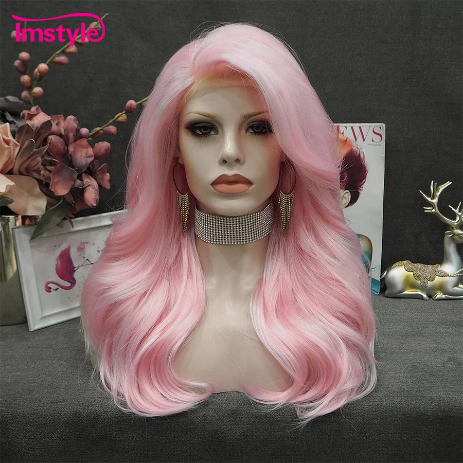 Imstyle Pink Lace Wig Synthetic Lace Front Wig Heat Resistant Fiber Natural Wavy Wigs For ...