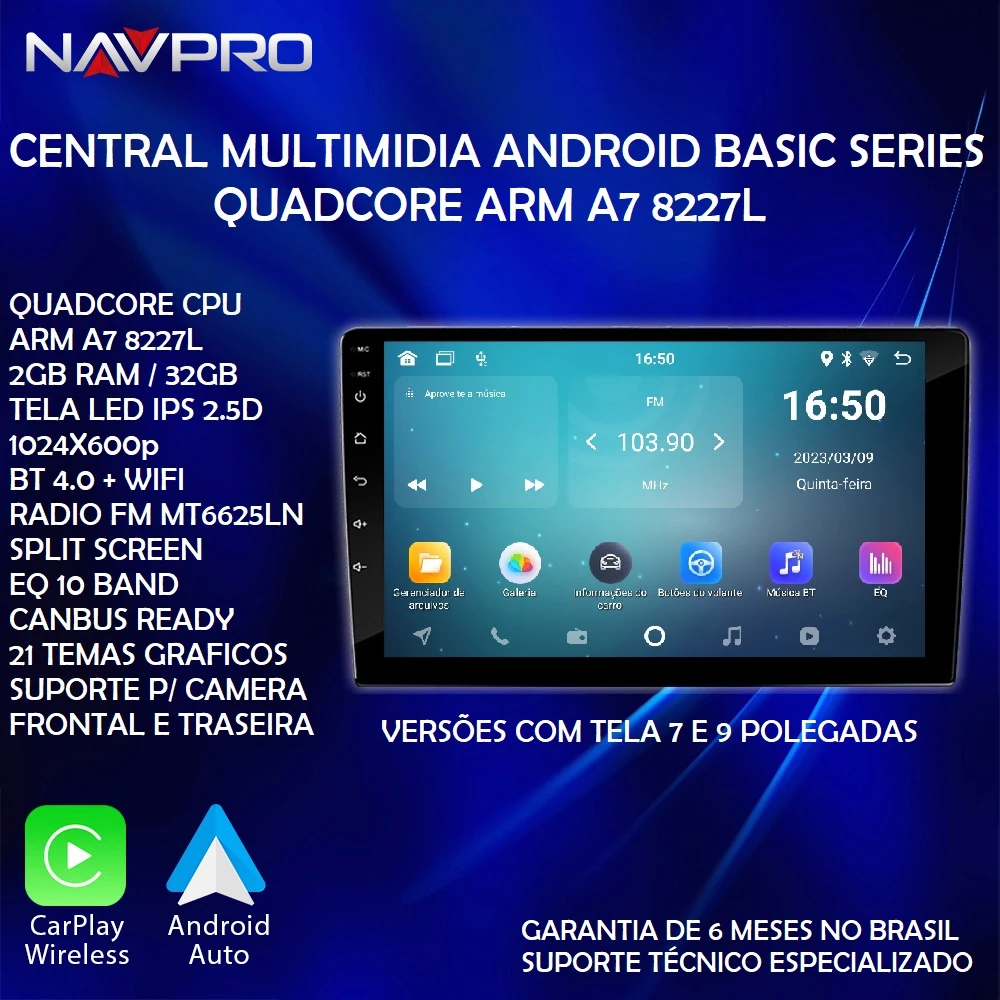 Central Multimidia BASIC Quadcore UNIVERSAL Tela 7p e 9p ARM 8227L Android NAVPRO IPS 2GB/32GB ...