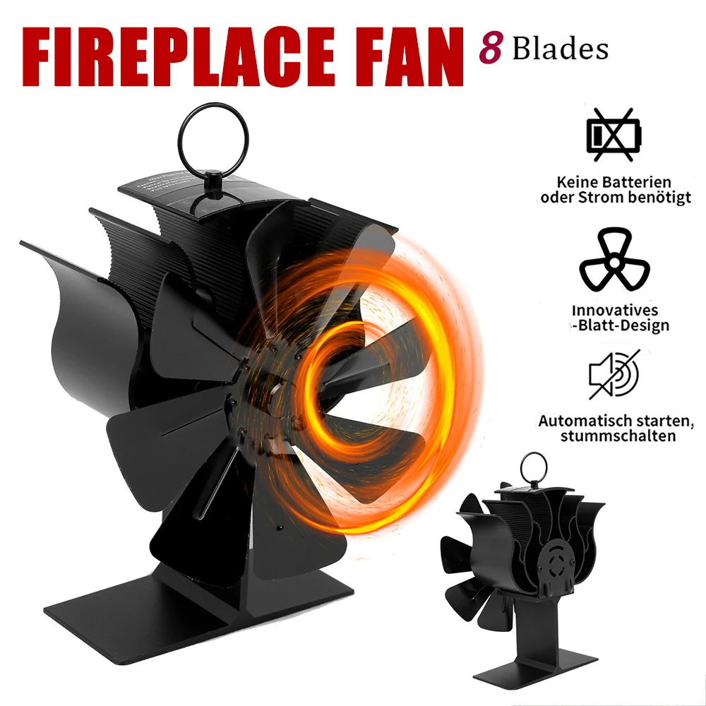 Black-Fireplace-Fan-With-8-Blades-Heat-powered-Stove-Fan-No-Battery-or ...