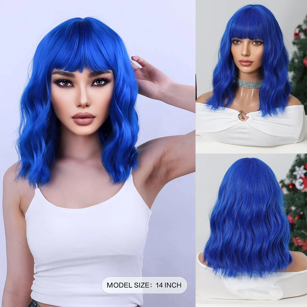 Short-Curly-Bob-Synthetic-Wig-Blue-Water-Wave-Hair-with-Bangs-Colored ...
