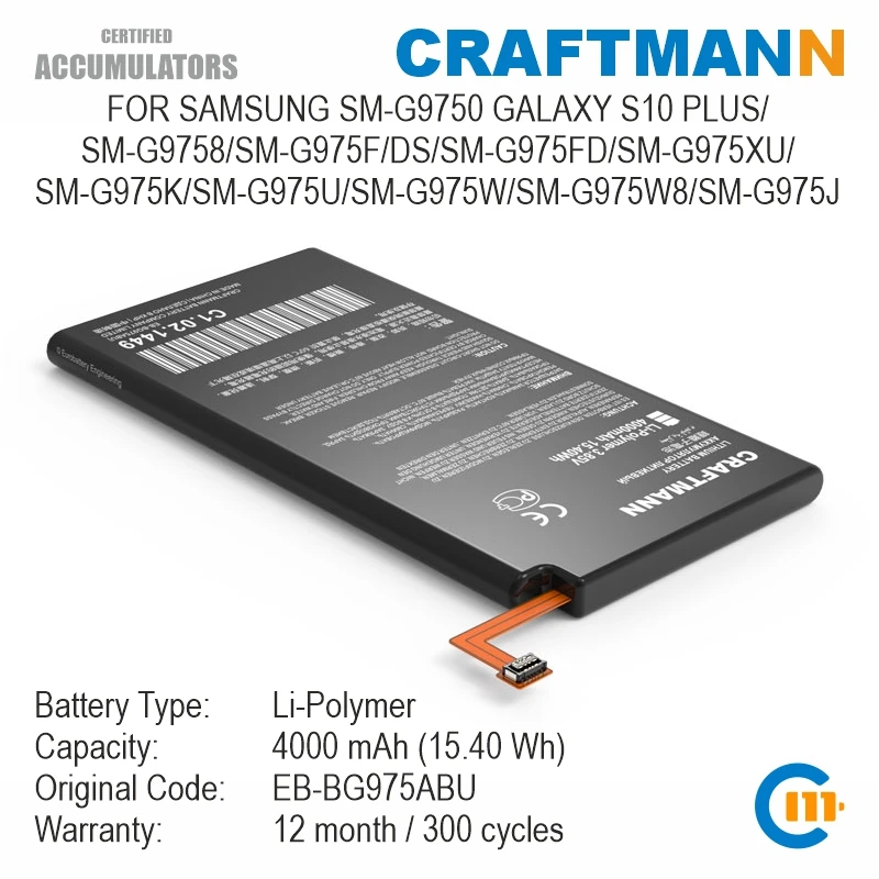 Craftmann batería para SAMSUNG GALAXY S10 PLUS, pila para SAMSUNG ...