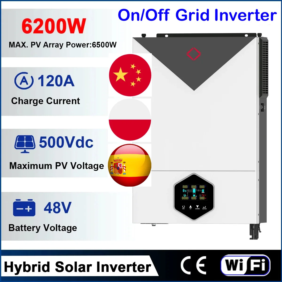6200W 6.2KW On/Off-Grid Solar Hybrid Inverter 48VDC MPPT 120A Solar Charger Max PV Power 6500W ...