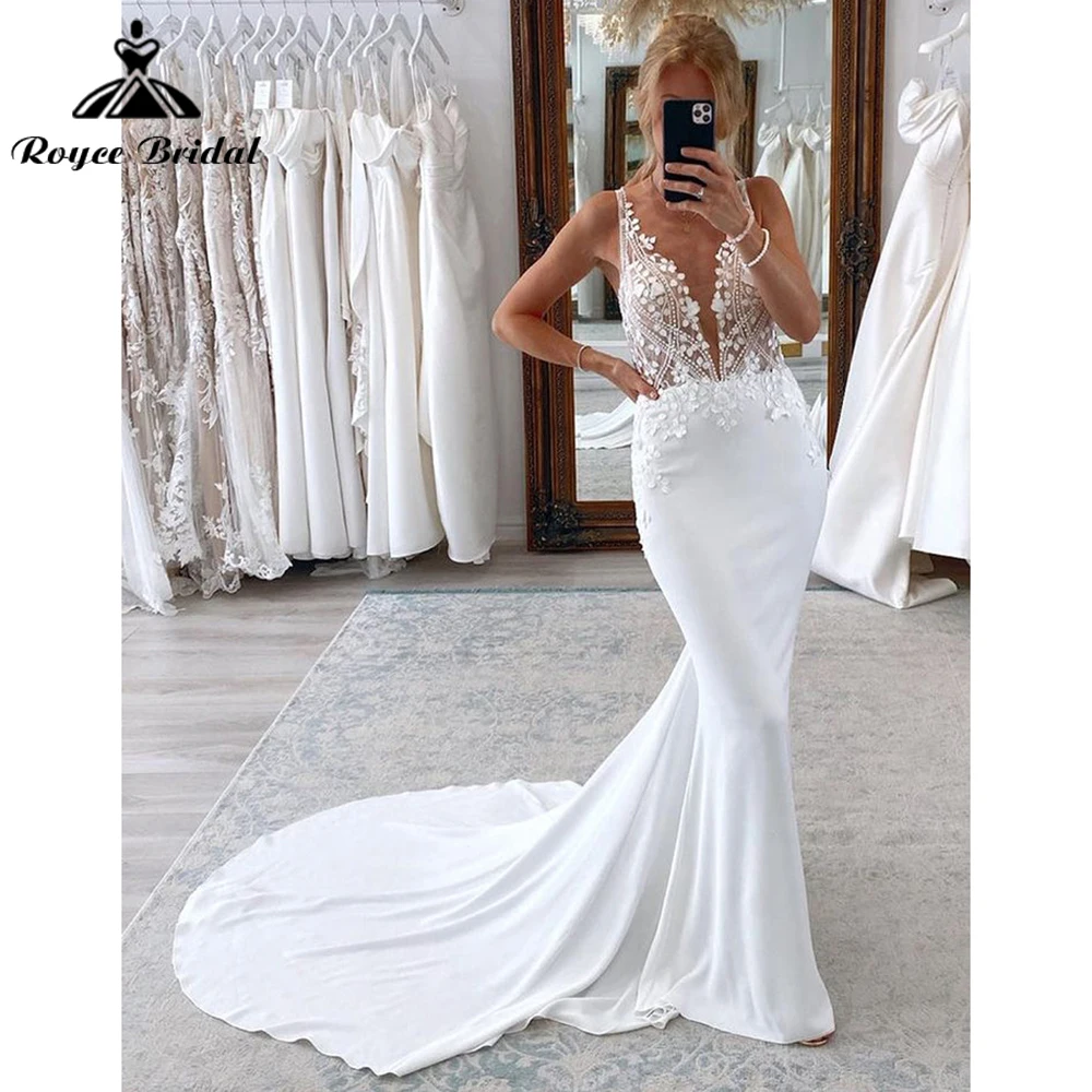 Sexy-Deep-V-Neck-Open-Back-Button-Lace-Top-Satin-Mermaid-Wedding-Dress ...
