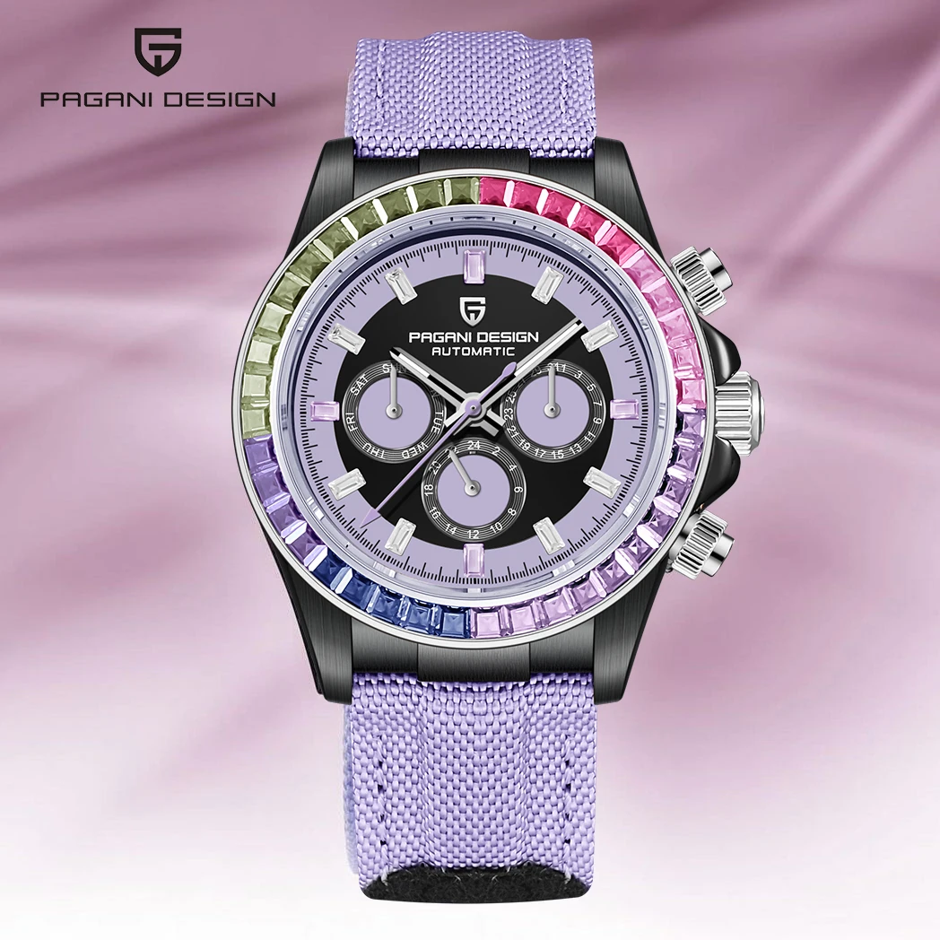 PAGANI DESIGN 남성용 레인보우 보석 원형 자동 크로노그래프 시계, 기계식 손목 시계, 사파이어 유리 시계, 2022 ...