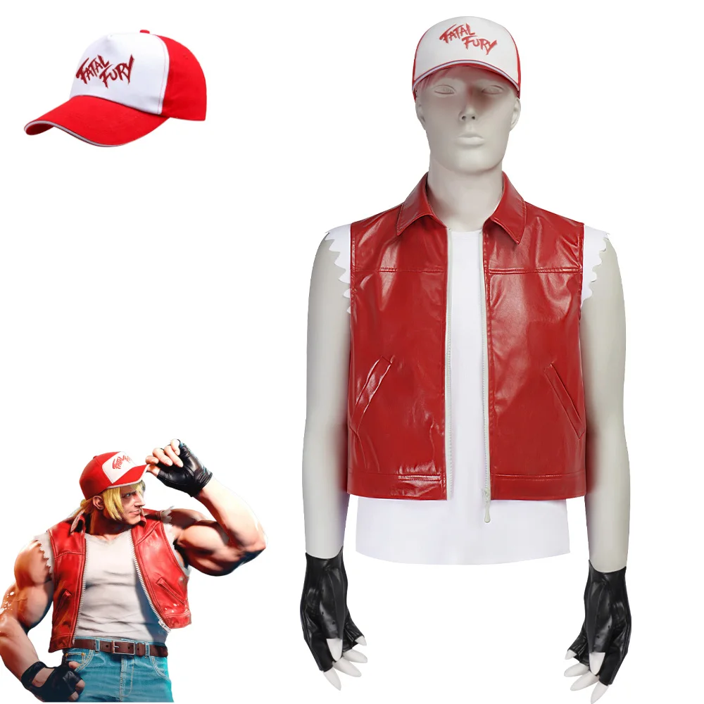 KOF Terry Cosplay Costume Terry Outfit With Fatal Fury Hat Red Leather ...