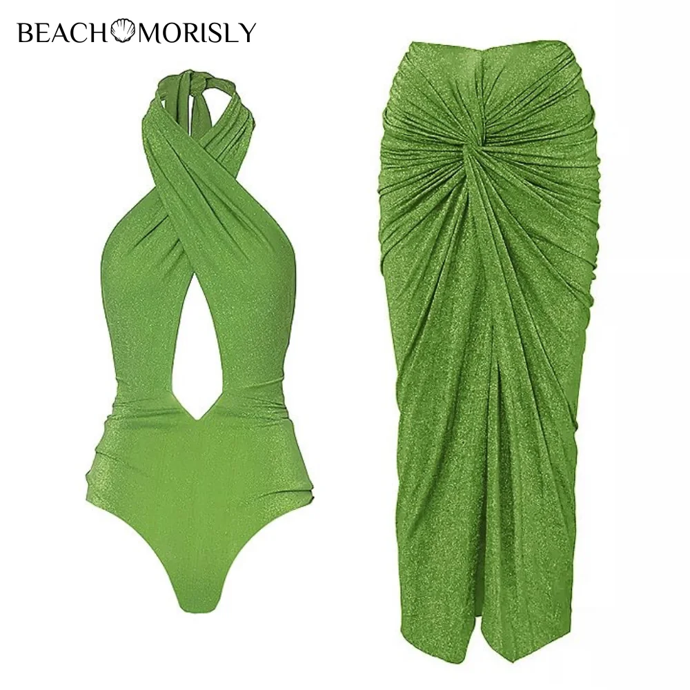 2024-New-green-Halter-One-piece-Swimsuit-set-Shiny-Texture-Pleated ...