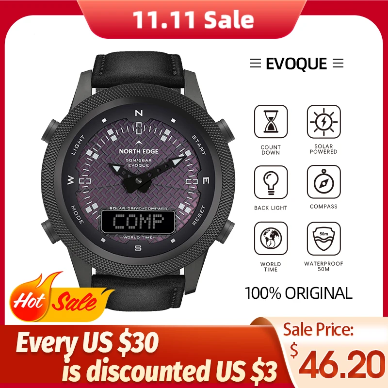 NORTH EDGE Mens Smart Watch Solar Power Watches Army Military Clock ...