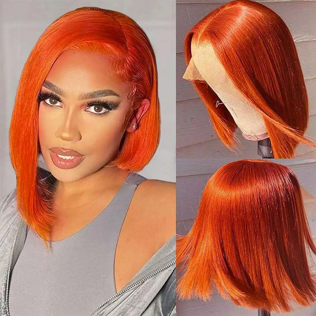 Ginger-Orange-Short-Bob-Lace-Front-Human-Hair-Wigs-Orange-Straight-For ...