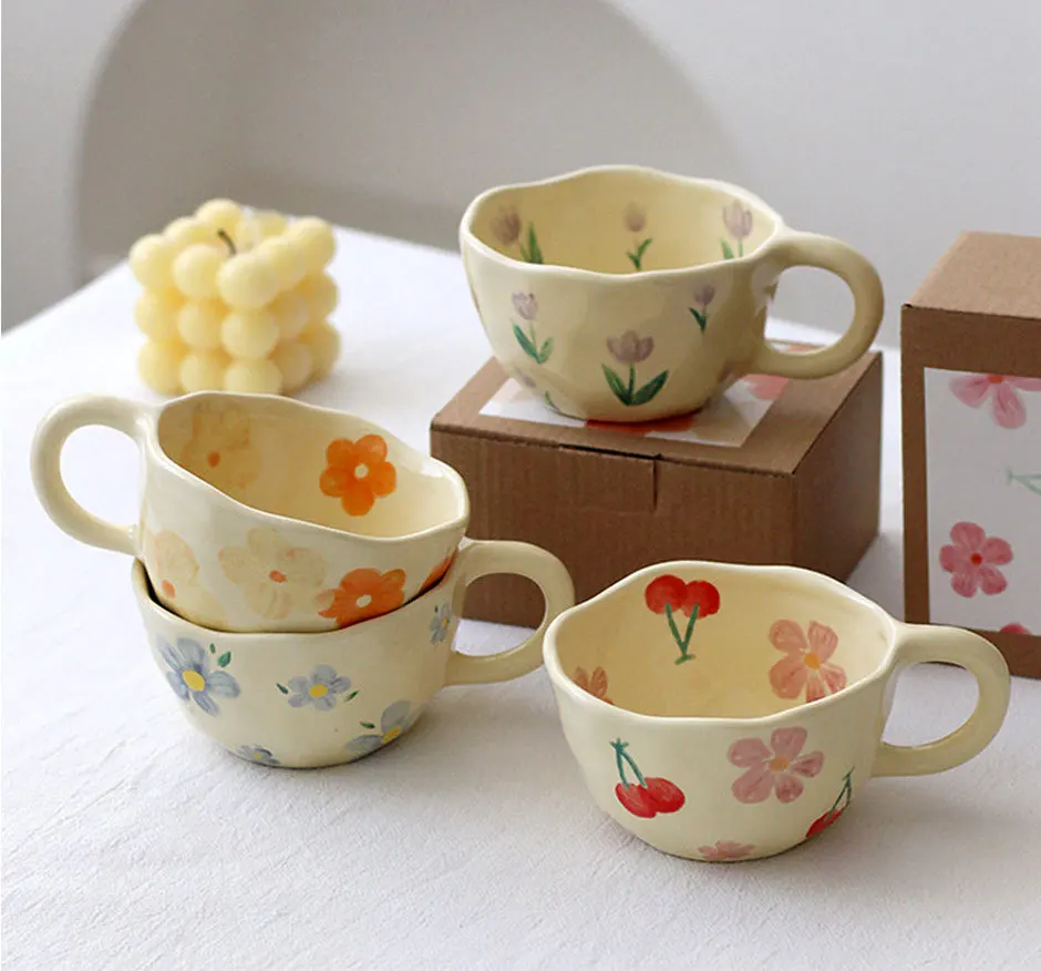 Ins-Korean-Style-Ceramic-Mugs-Coffee-Cups-Hand-Pinched-Irregular-Flower ...
